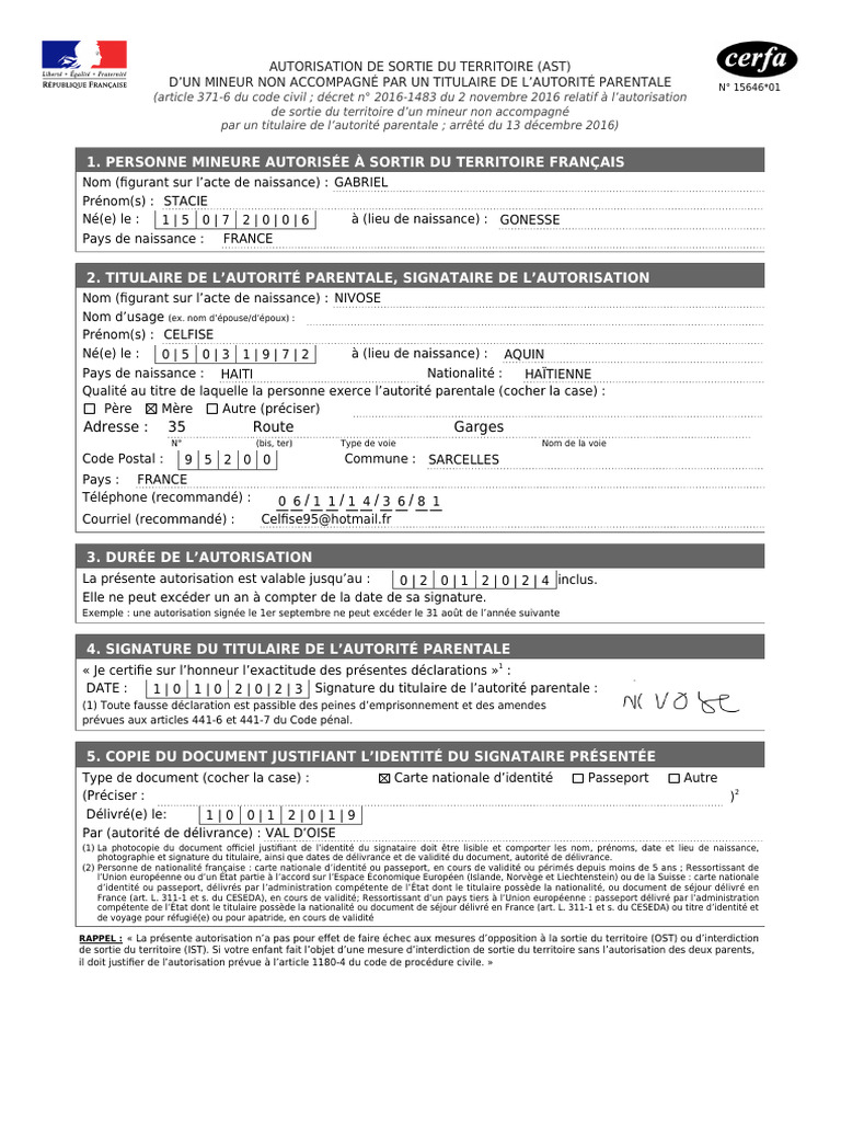 Autorisation de Sortie Du Territoire (Ast) D'Un Mineur Non Accompagné Par Un Titulaire de L ...