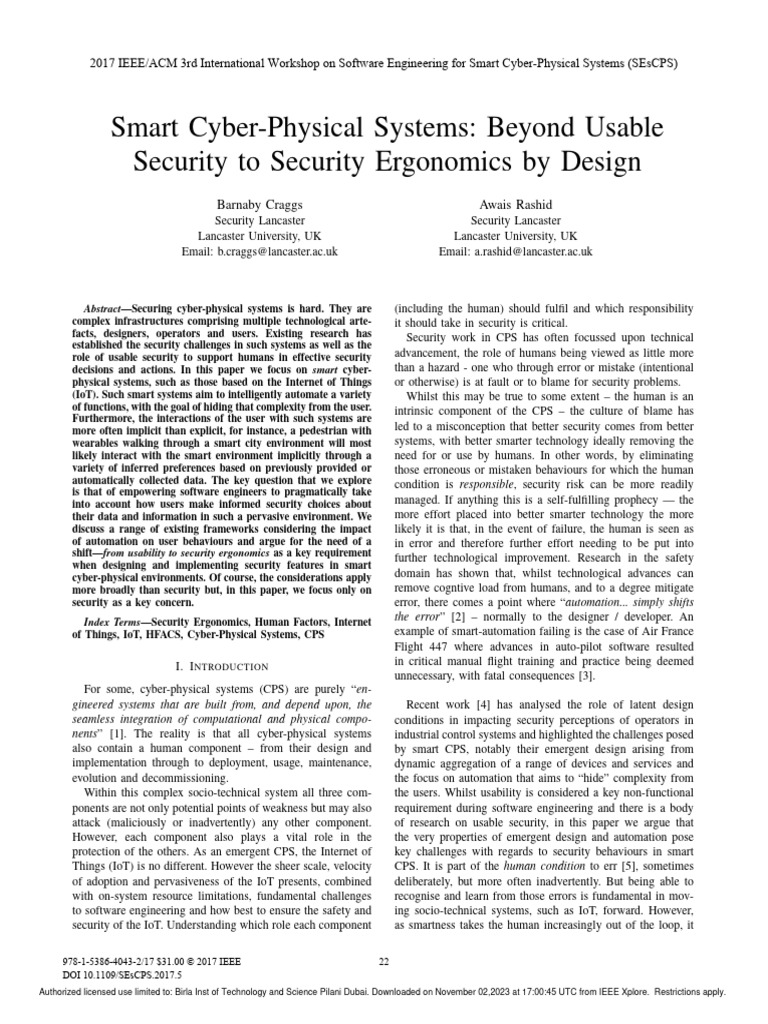 Smart Cyber-Physical Systems Beyond Usable Security To Security Ergonomics by Design | PDF ...