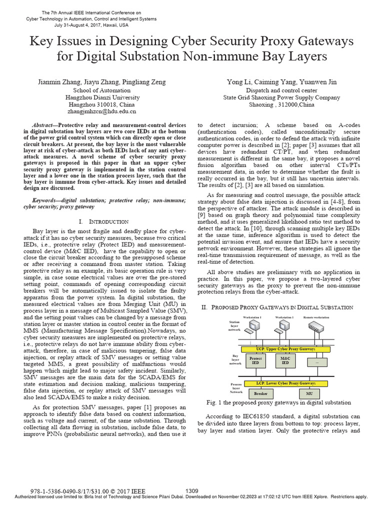 Key Issues in Designing Cyber Security Proxy Gateways For Digital Substation Non-Immune Bay ...