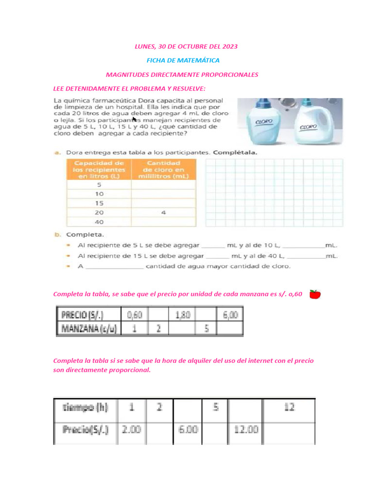 Ficha de Matematica Magnitudes Directamente Proporcionales | PDF