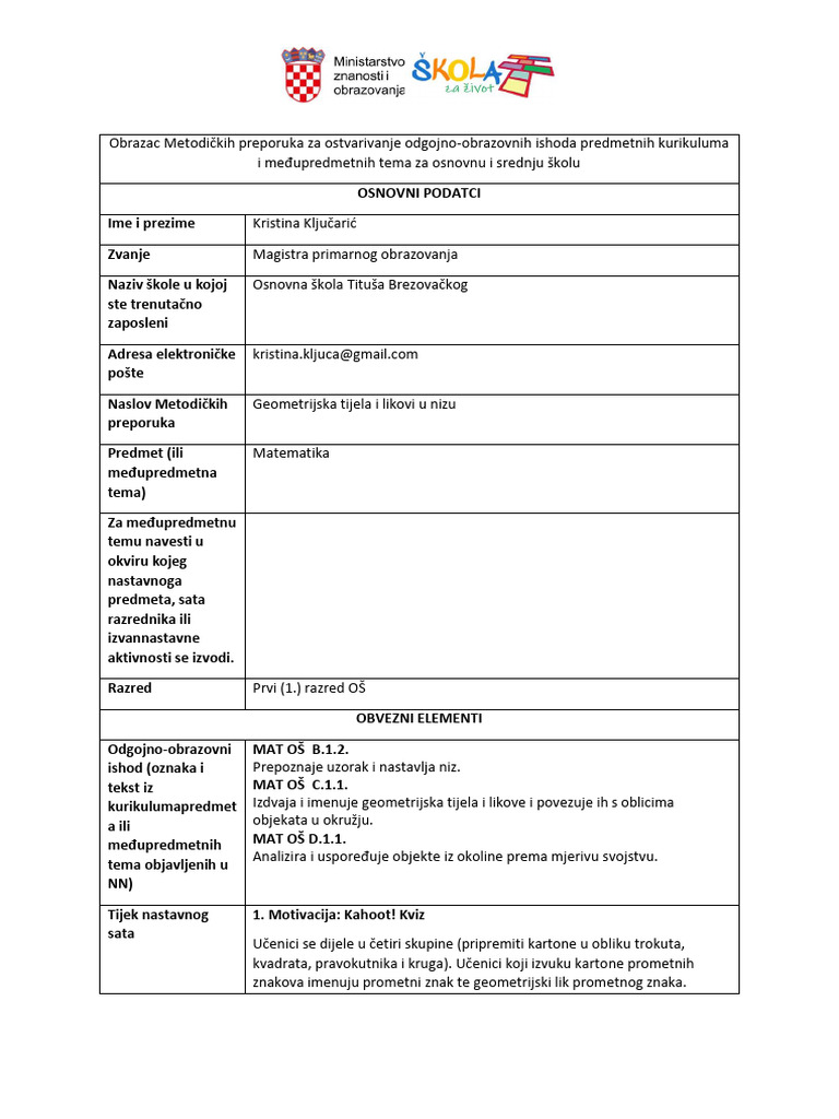 MATEMATIKA 1 OŠ Geometrijska Tijela I Likovi U Nizu KK | PDF