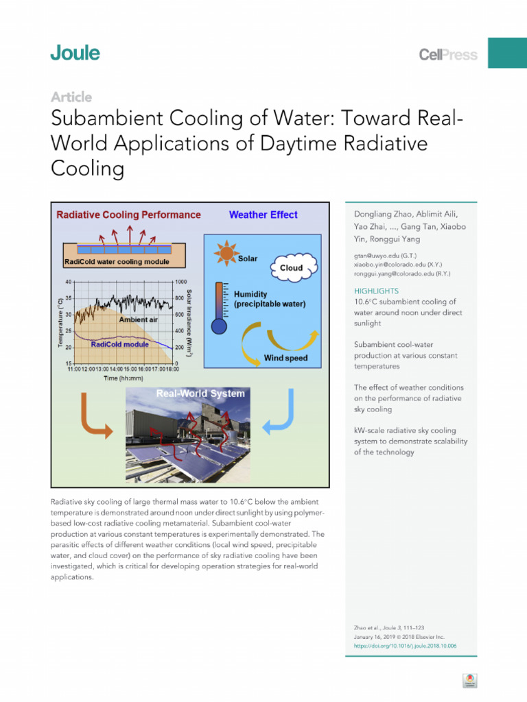 Subambient Cooling of Water - Toward Real-World Applications of Daytime ...