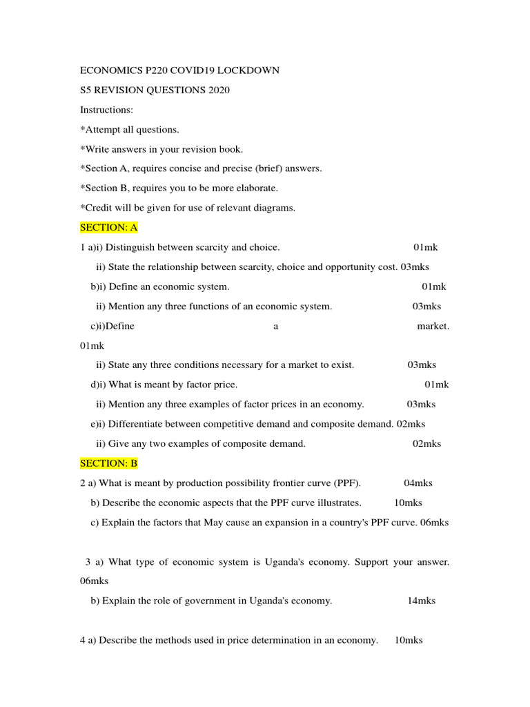 S5 Economics Revision Questions 2020 | PDF