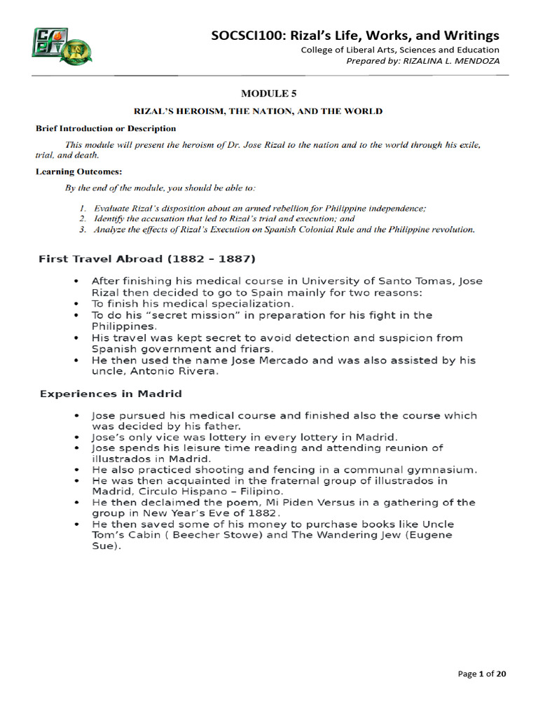 Module 5 RIZALS HEROISM AND WORLD RLM | PDF | Liberal Arts Education