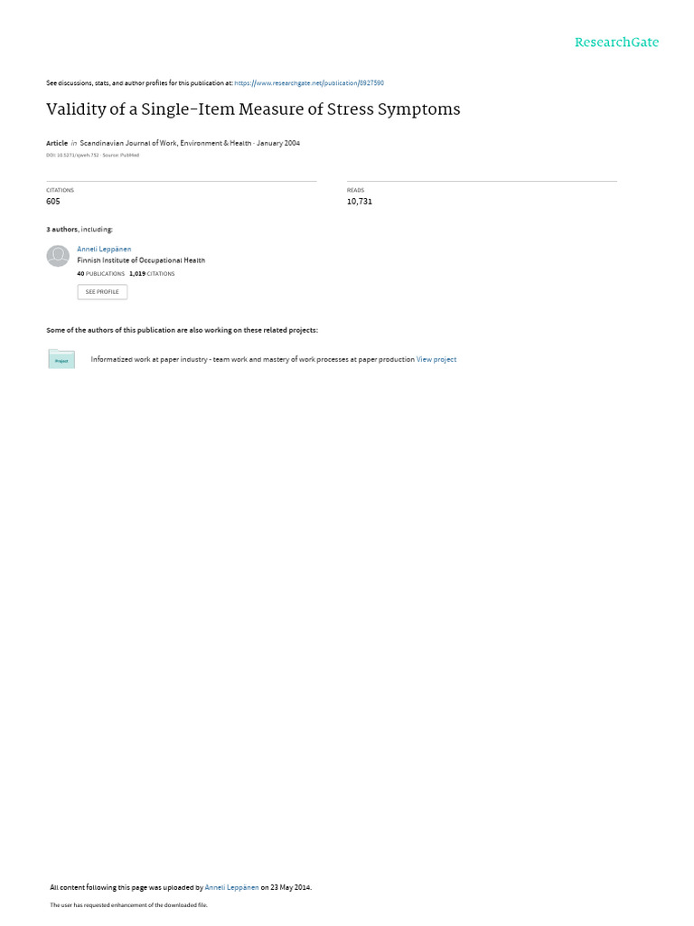 Validity of A Single-Item Measure of Stress Sympto | PDF | Validity (Statistics) | Occupational ...