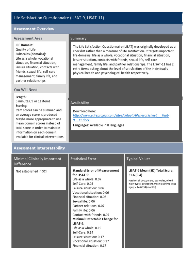 Life Satisfaction Questionnaire Overview | PDF | Psychology ...