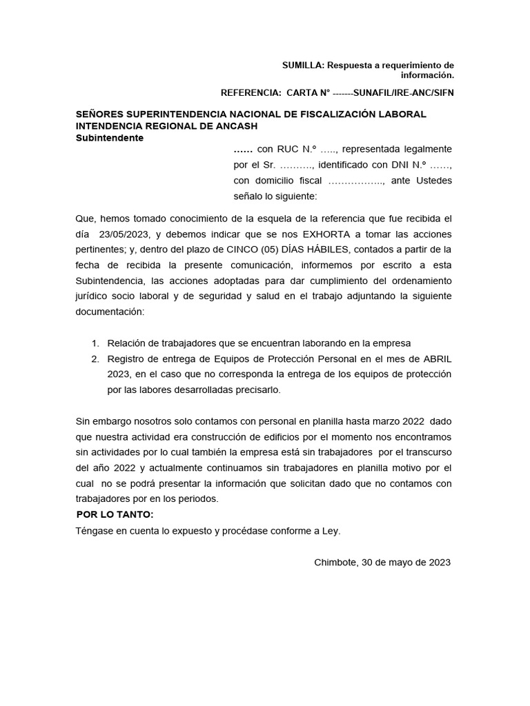 Carta Complementaria Respuesta Sunafil | PDF