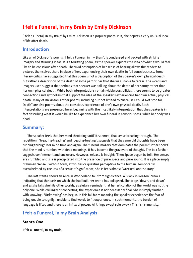 I Felt A Funeral, in My Brain by Emily Dickinson393M.Arsi | PDF | Mind ...