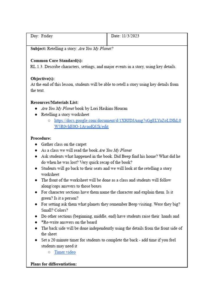 Retelling "Are You My Planet?" Lesson | PDF | Pedagogy | Cognitive Science