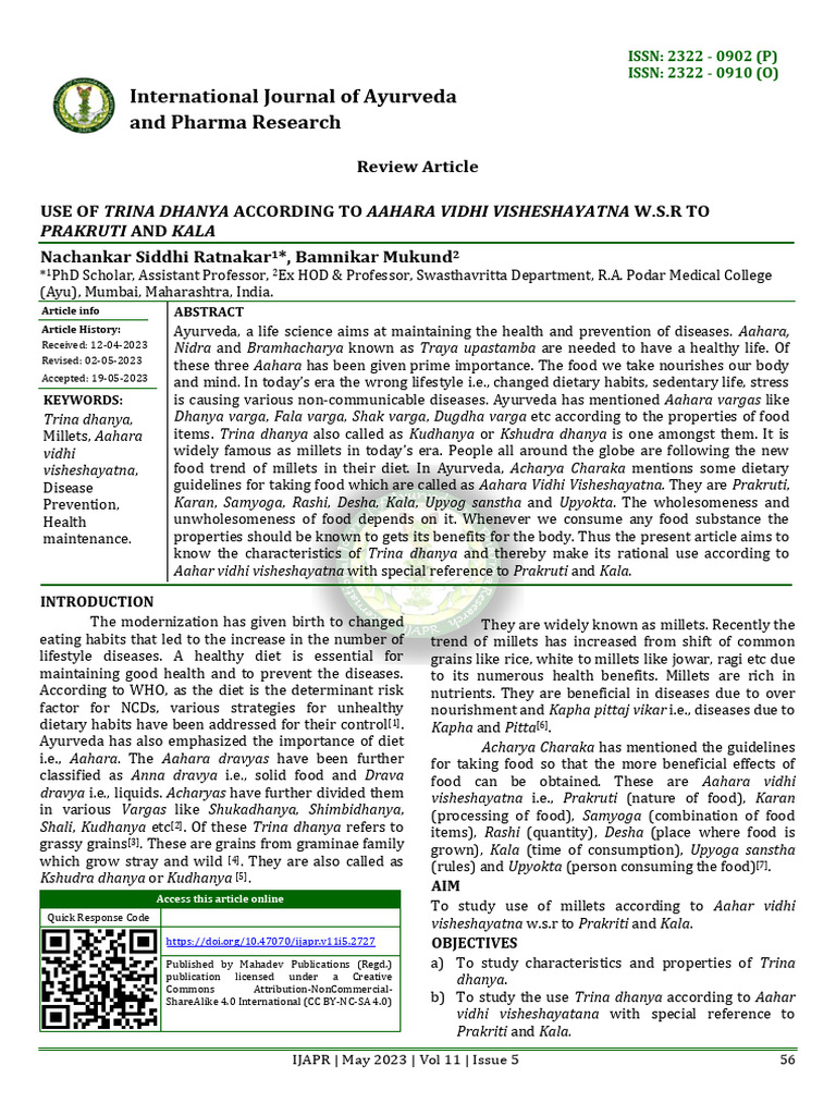 Use of Trina Dhanya According To Aahara Vidhi Vish | PDF | Ayurveda | Diet (Nutrition)