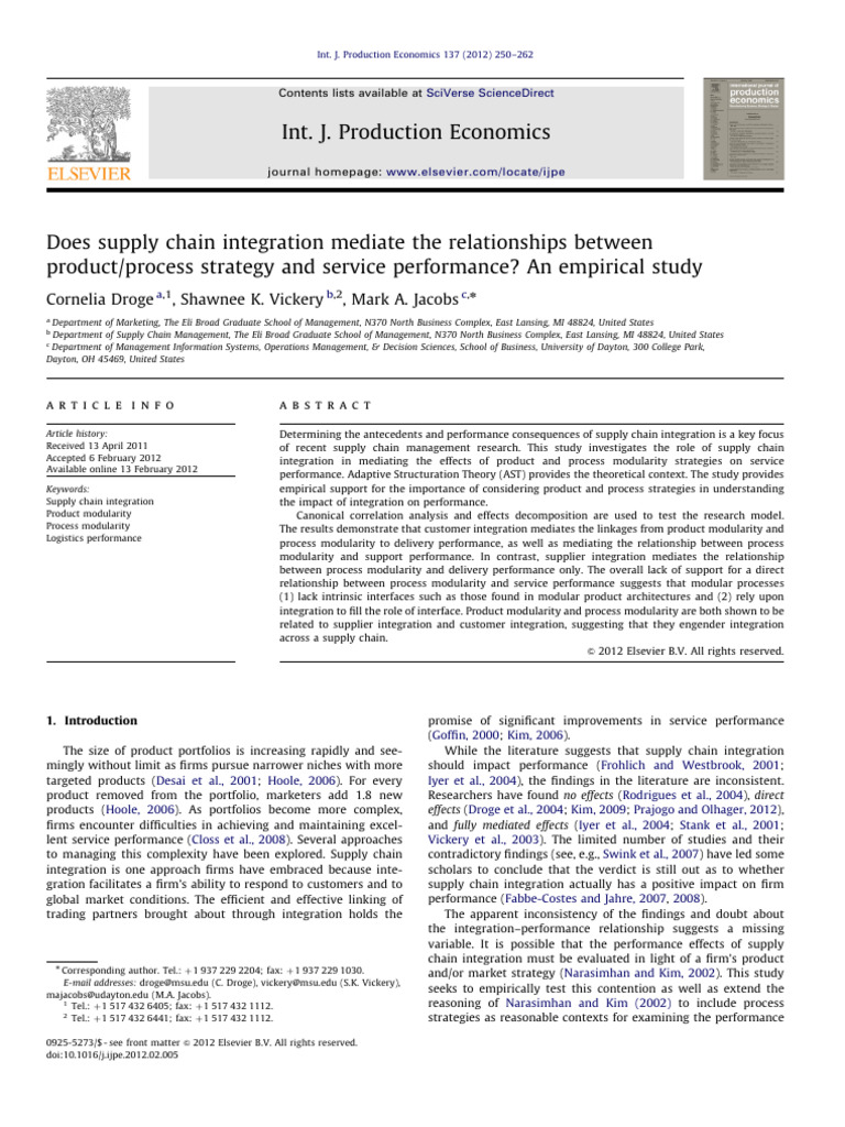 Does Supply Chain Integration Mediate The Relationships Between Product Process Strategy and ...