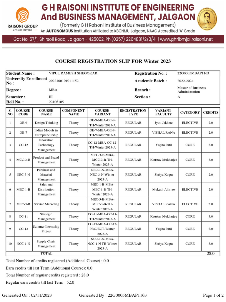 Course Registration Slip of Student | PDF | Business Economics | Economies