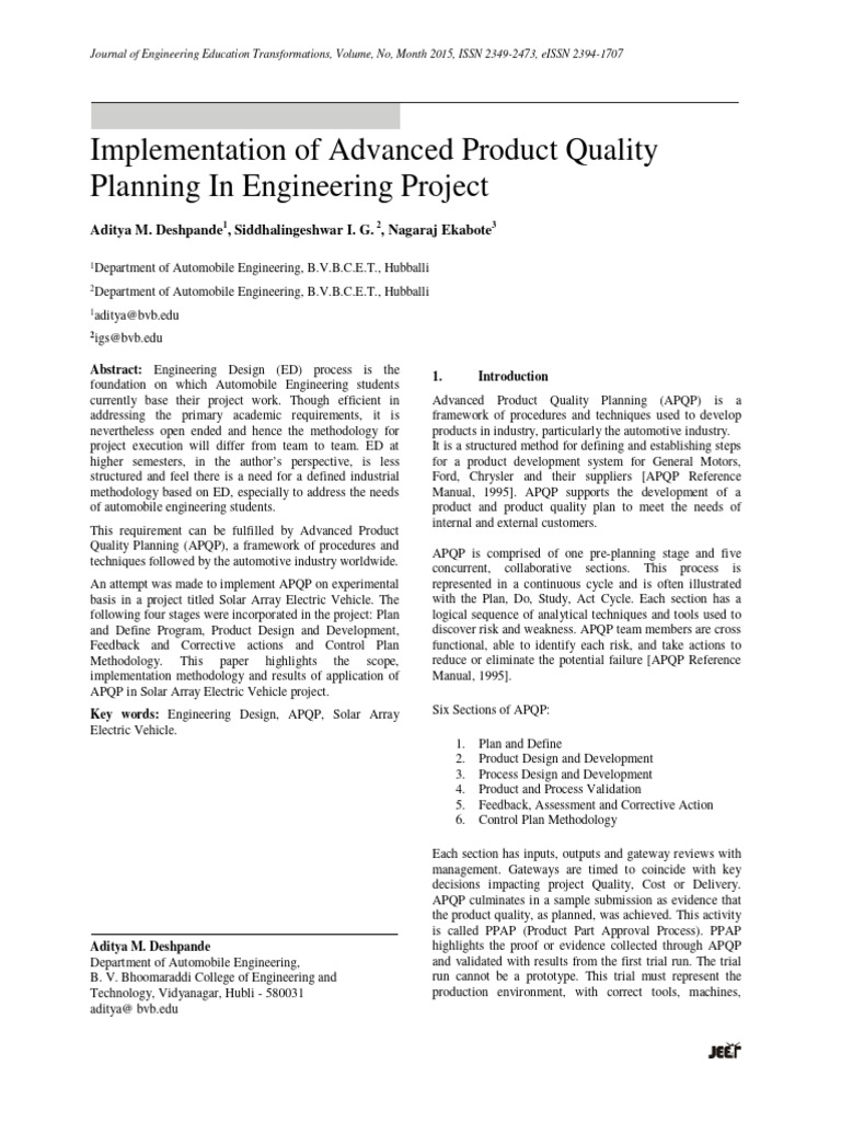 09 2015-ImplementationofAPQP | PDF | International Standard Serial Number | Engineering