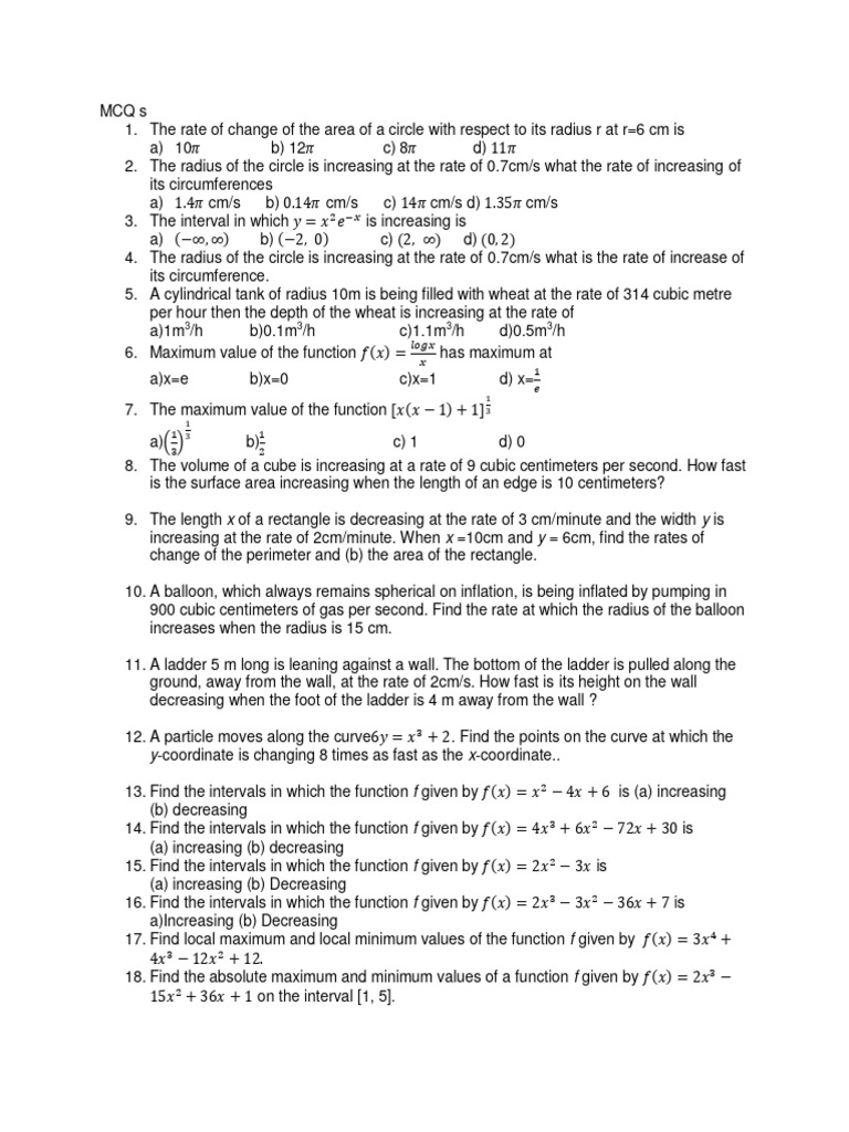 Calculus MCQs on Rates of Change | PDF | Area | Length