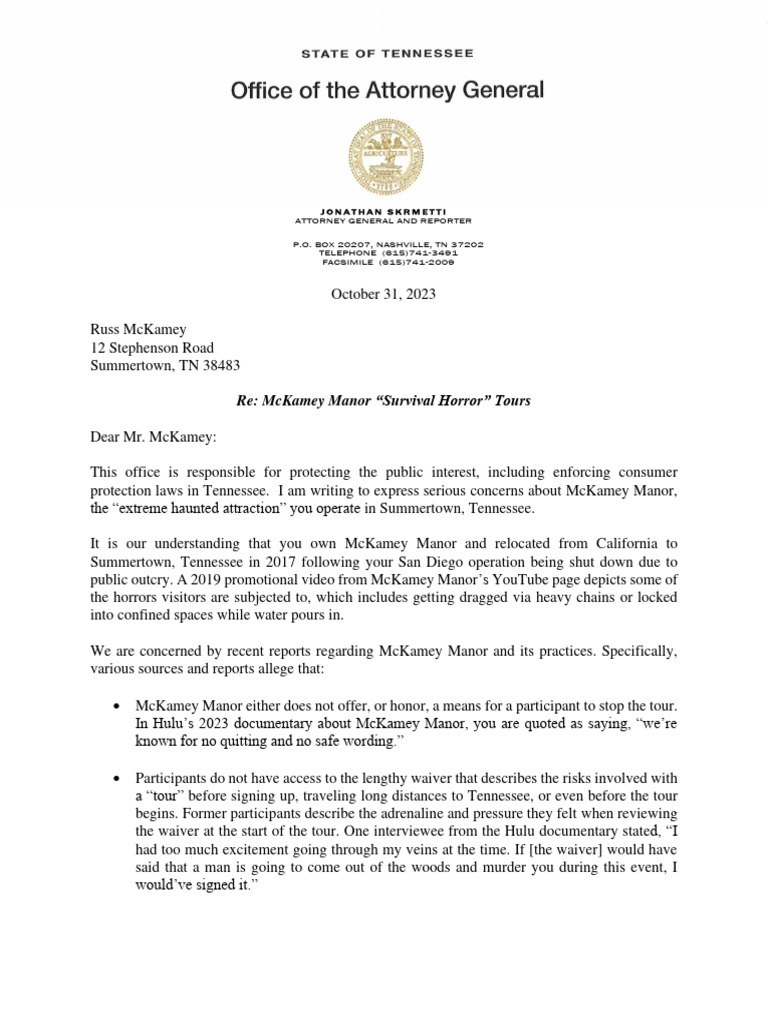 Tennessee Attorney General Letter On McKamey Manor Haunted House | PDF