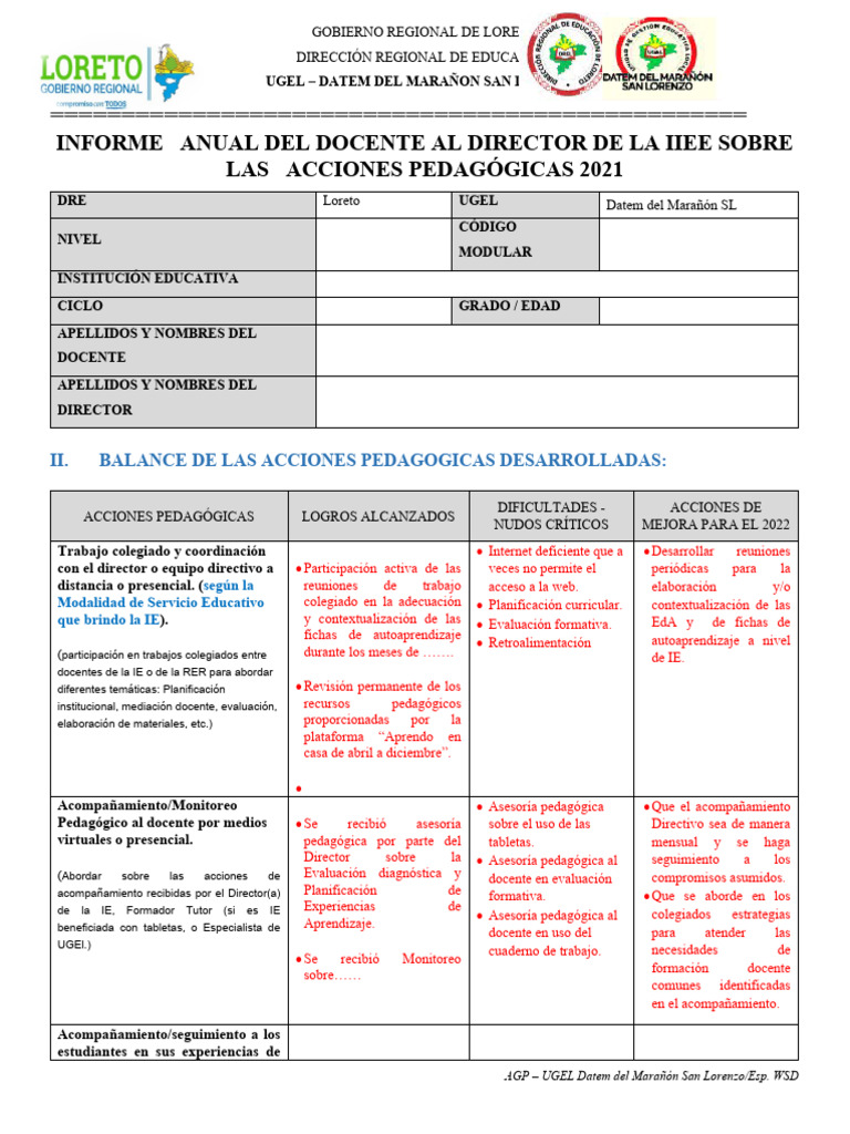 Propuesta de Informe Del Docente Al Director de La IIEE 2021 | PDF | Aprendizaje | Educación ...