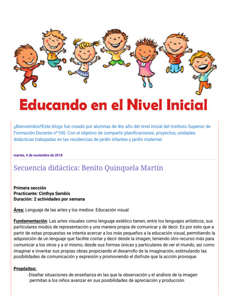 Educando en El Nivel Inicial _ Secuencia Didáctica_ Benito Quinquela Martín | PDF | Educación de ...