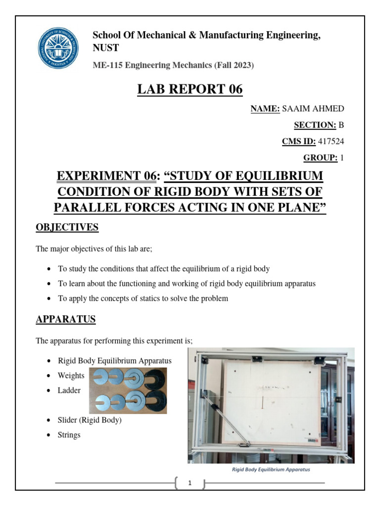 Lab Report 6 Saaim Ahmed - 417524 | PDF | Force | Mechanics Lab Report 6 Saaim Ahmed - 417524 | PDF | Force | Mechanics