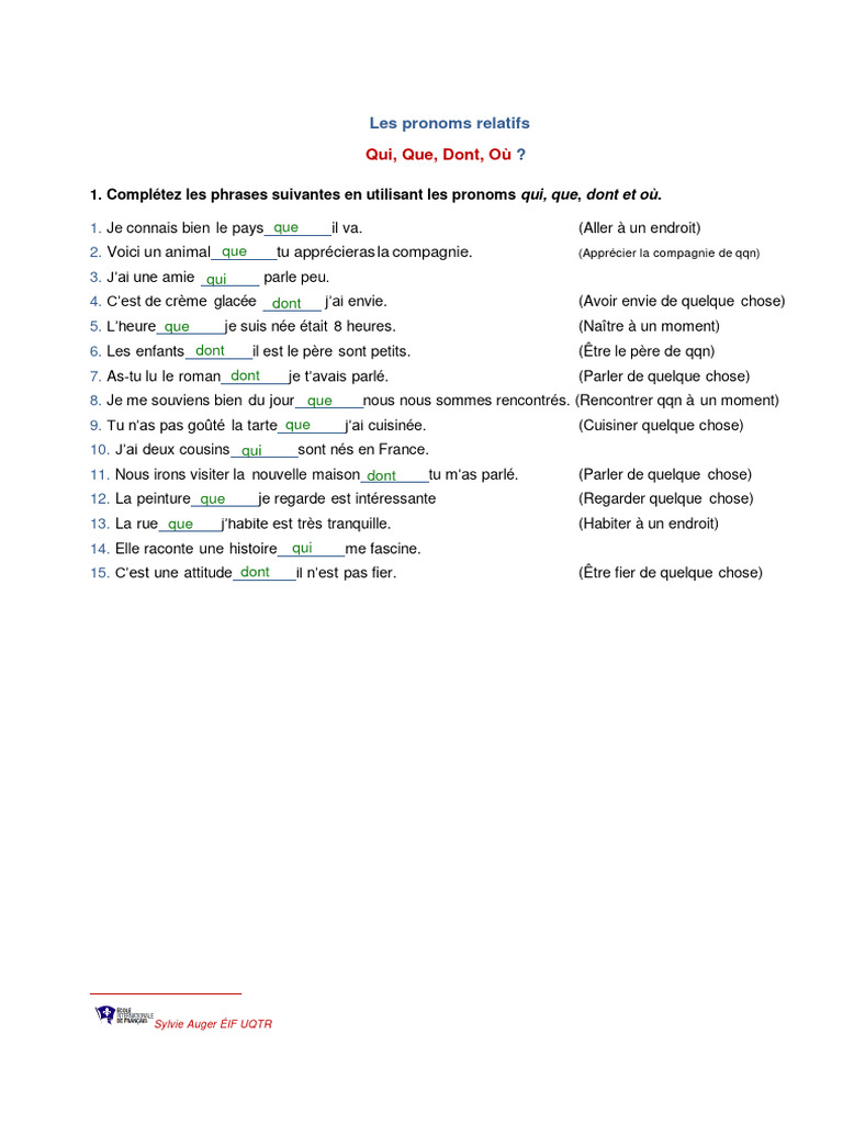 Les Pronoms Relatifs Qui, Que, Dont Et Ou Exercices - Valentina ...