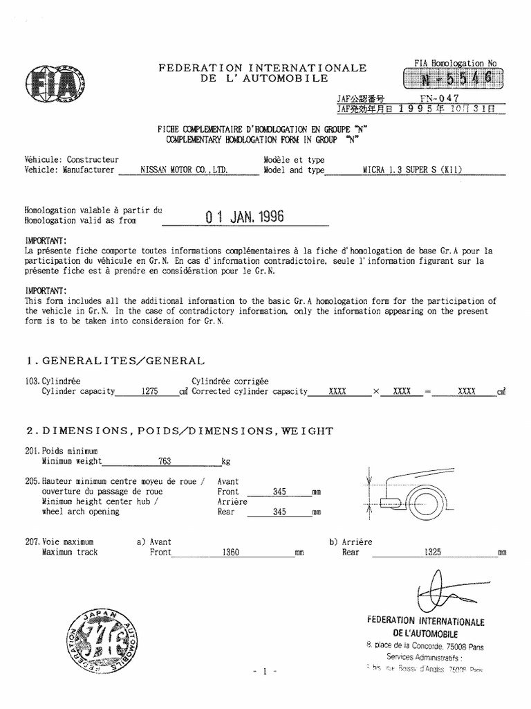 Homologation Form Number 5546 Group N | PDF