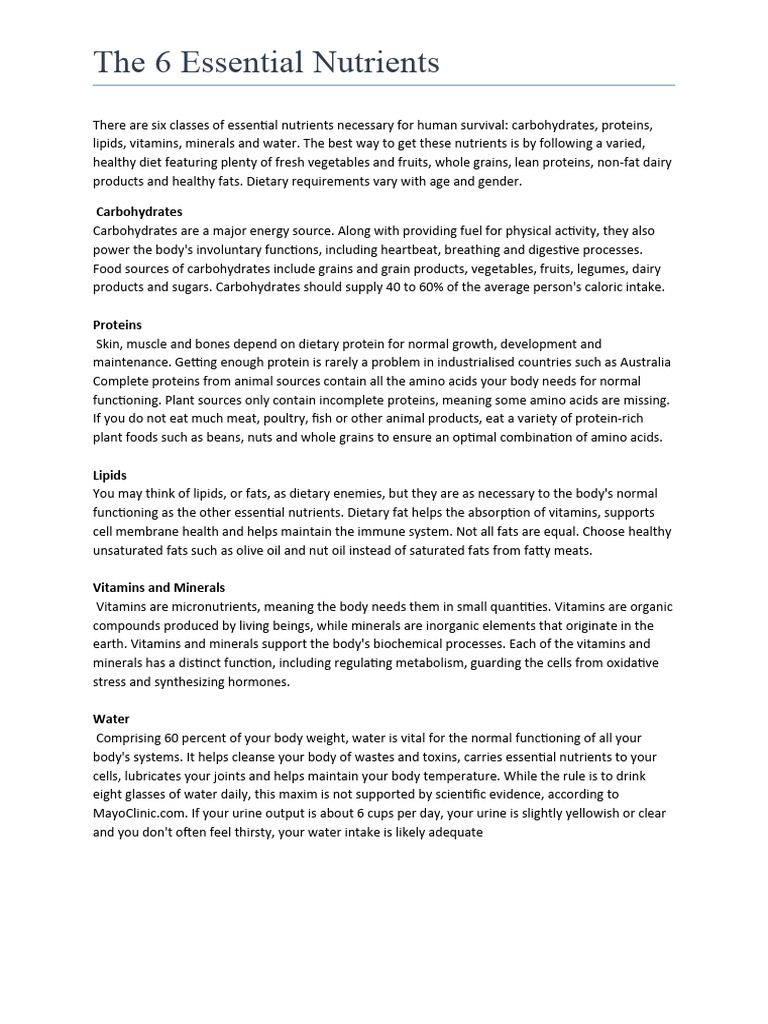 The 6 Nutrients Worksheets | Download Free PDF | Nutrients | Fat