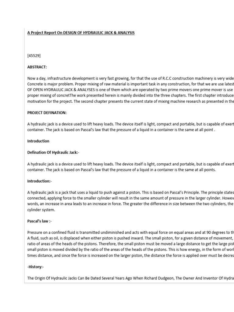 A Project Report On DESIGN OF HYDRAULIC JACK | PDF | Mechanical ...