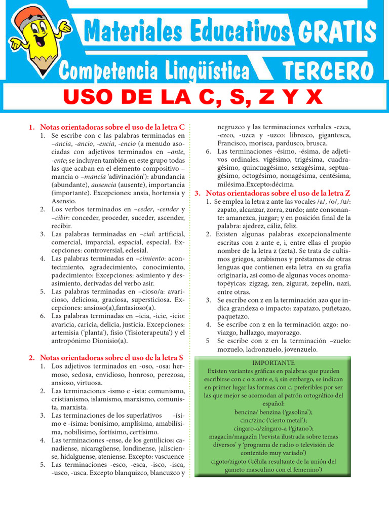 Uso de La C S Z y X para Tercer Grado de Secundaria | PDF | Lingüística