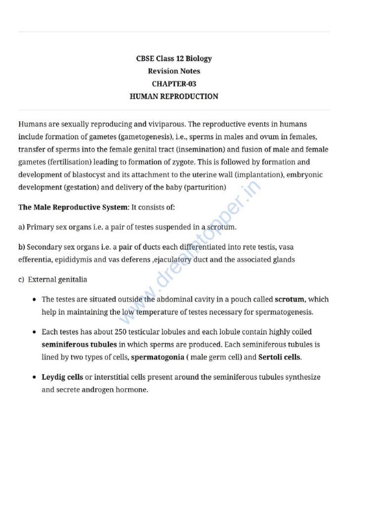 Human Reproduction 12th Biology Notes | PDF
