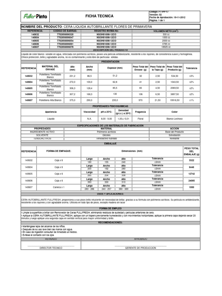 Ficha Tecnica - Cera Liq. Emulsionada Fuller | PDF | Materia suave ...
