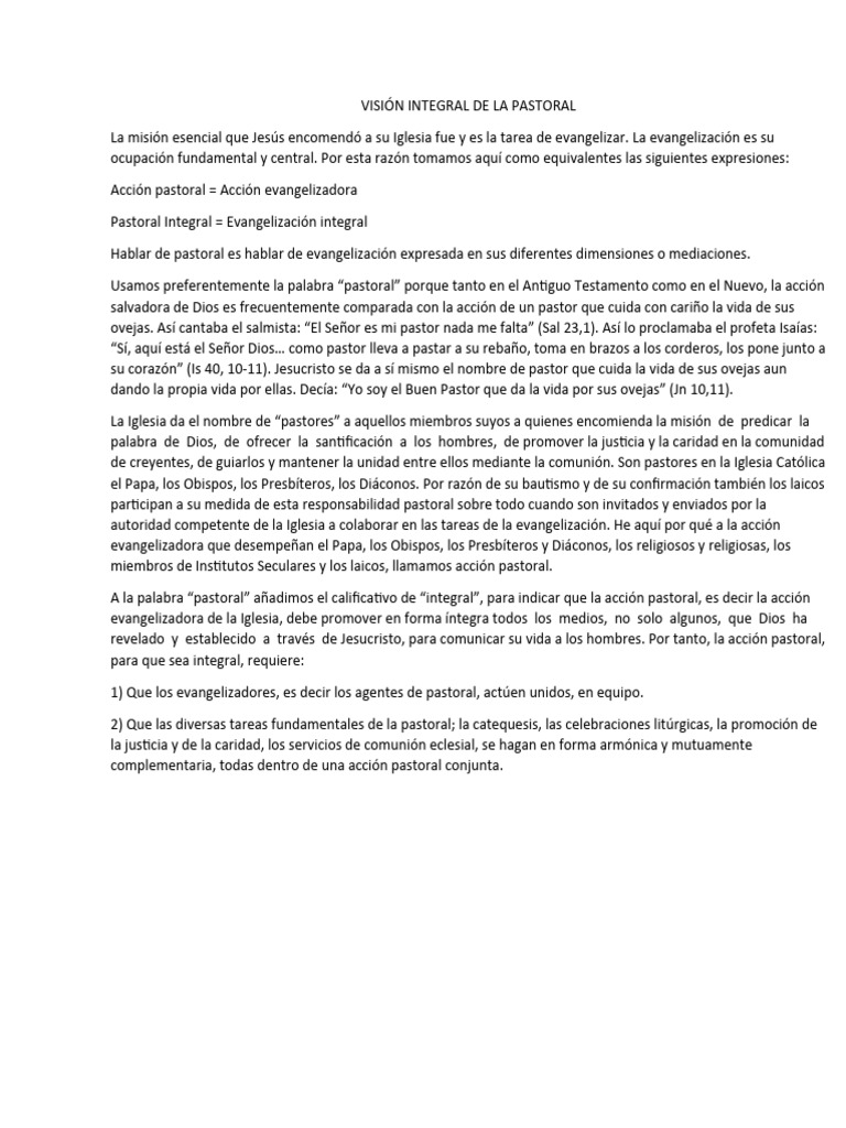 Vision Integral de La Pastoral Taller | PDF | Jesús | Iglesia Católica