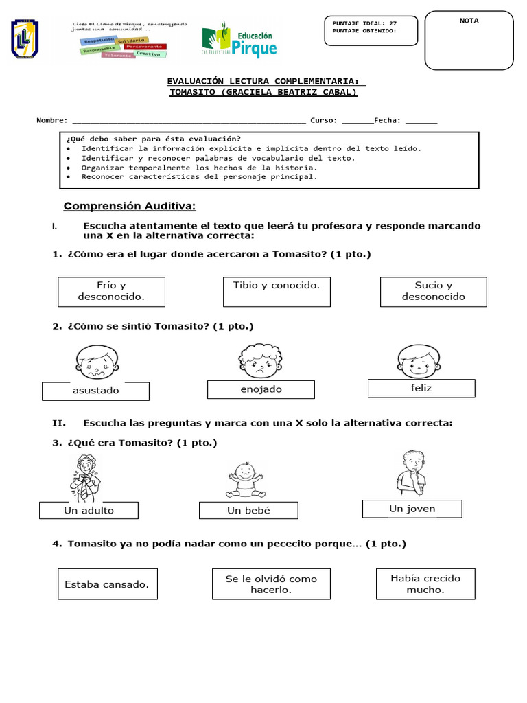 EVALUACIÓN DE LECTURA 1° TOMASITO | PDF