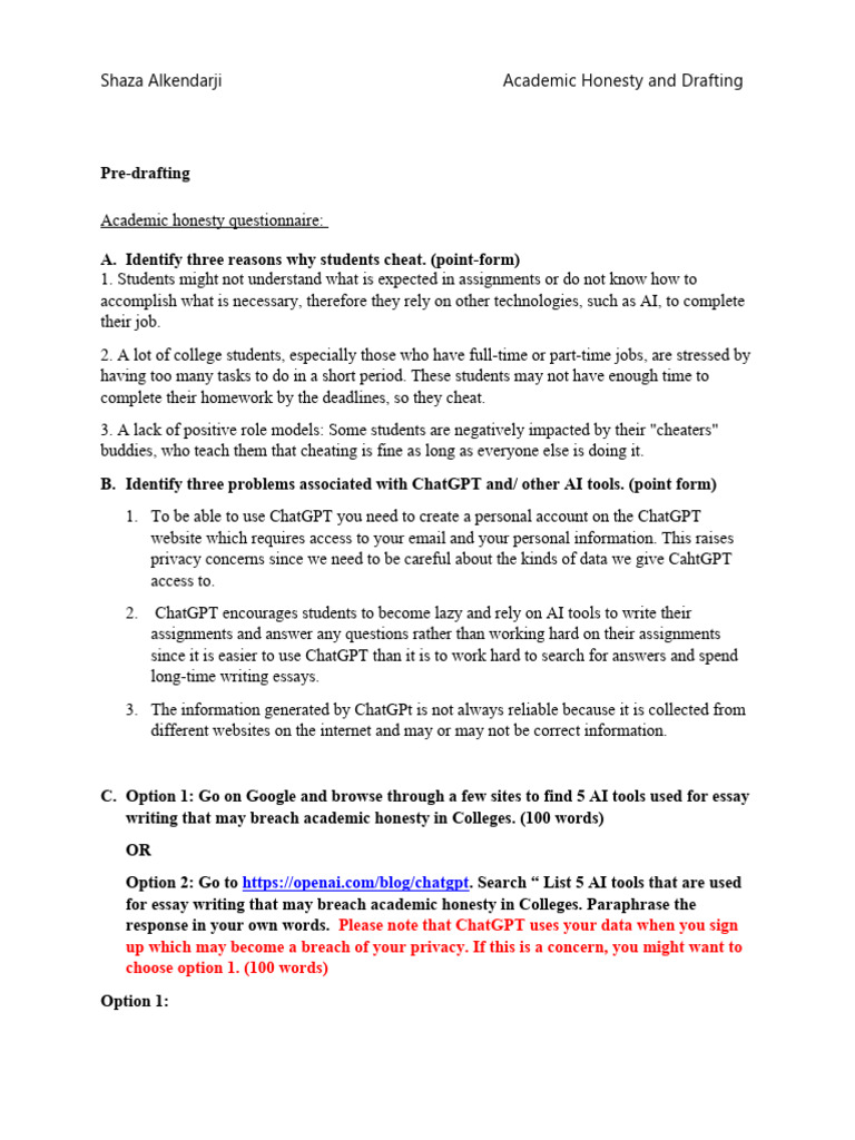 Shaza Alkendarji - Academic Honesty and Drafting | PDF | Cost Of Living | Academic Dishonesty