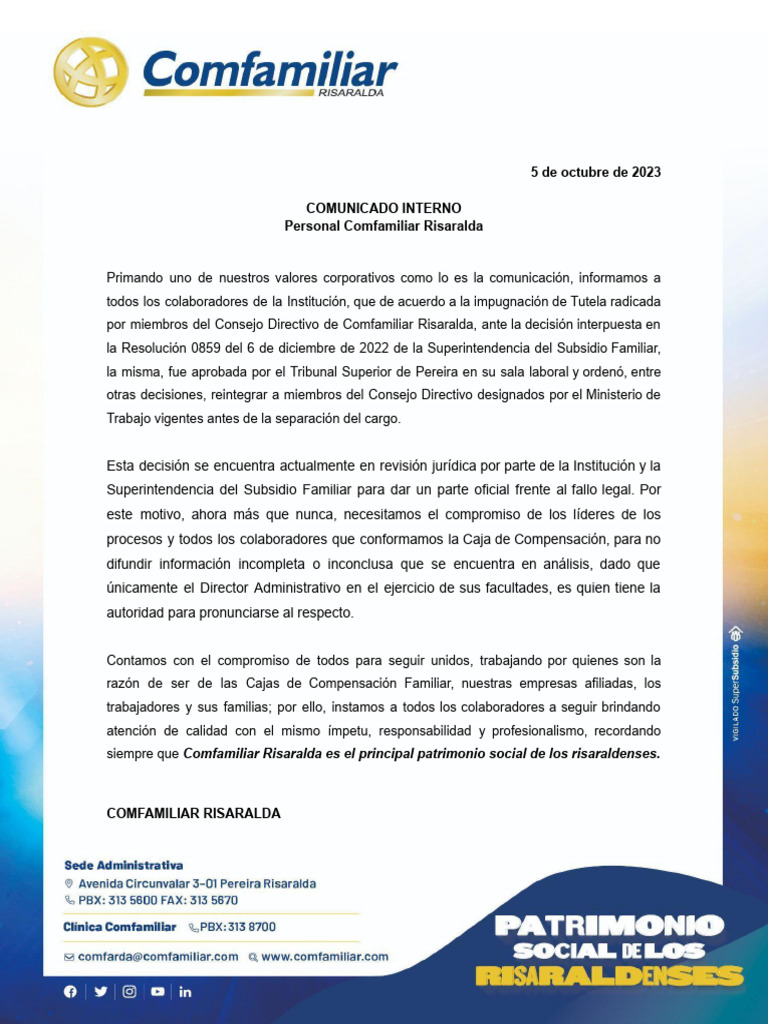 Comunicado Interno Colaboradores Comfamiliar | PDF