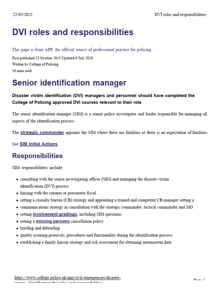 DVI Roles and Responsibilities | PDF | Coroner | Emergency