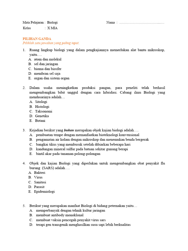 Soal PAS Biologi Kelas X | PDF