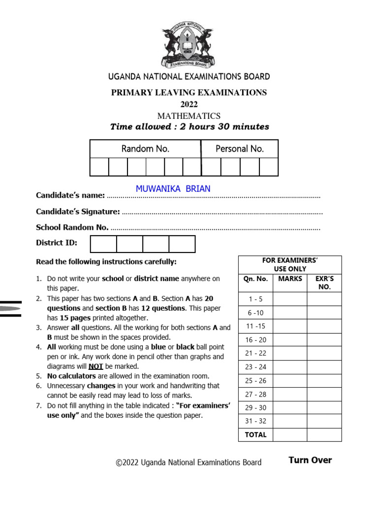 PLE 2022 Mathematics Exam Paper | PDF | Speed | Triangle