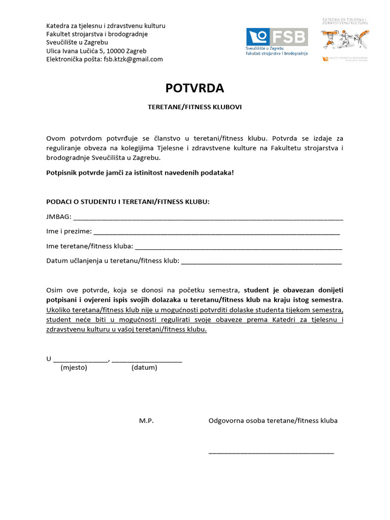 Potvrda Za Teretane - Fitness Klubove | PDF