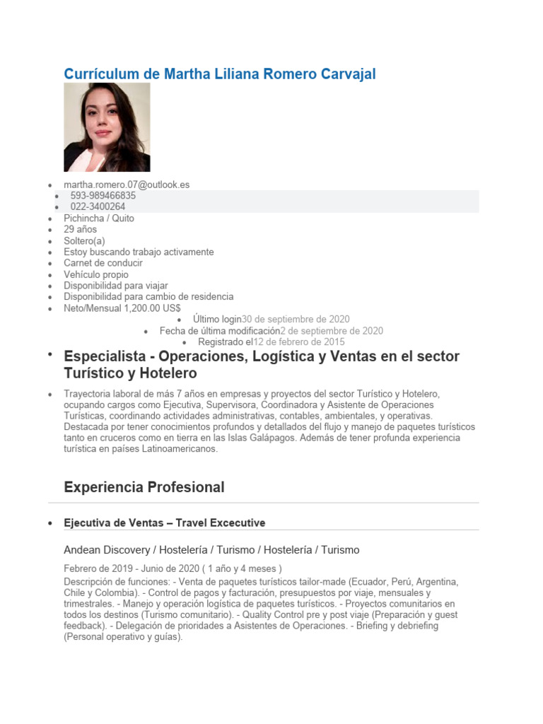 Currículum de Martha Liliana Romero Carvajal | PDF | Turismo | Industrias de servicio