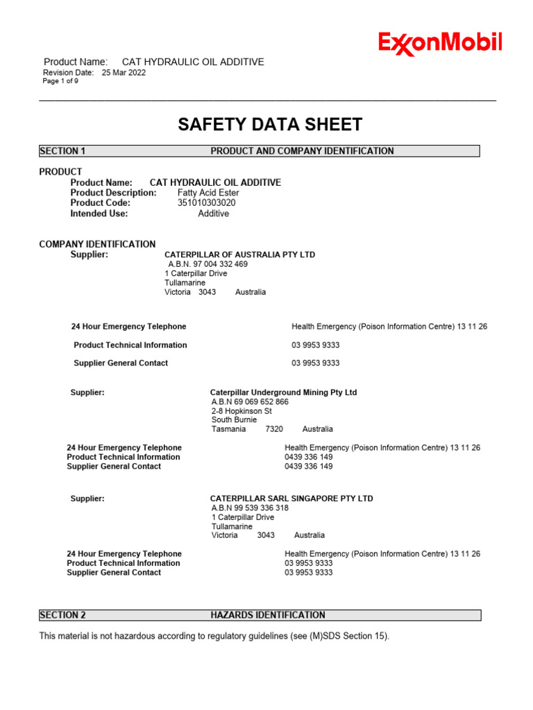CAT Hydraulic Oil Additive SDS | PDF | Firefighting | Toxicity