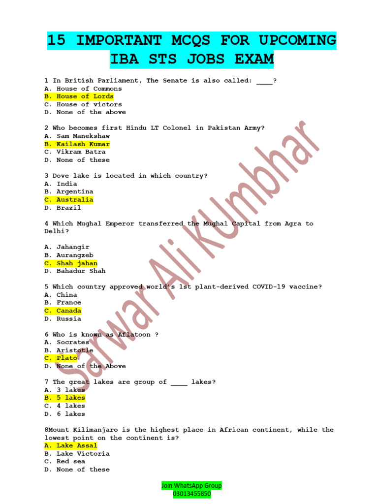 15 Important MCQS For Upcoming Iba STS Jobs Exam | PDF