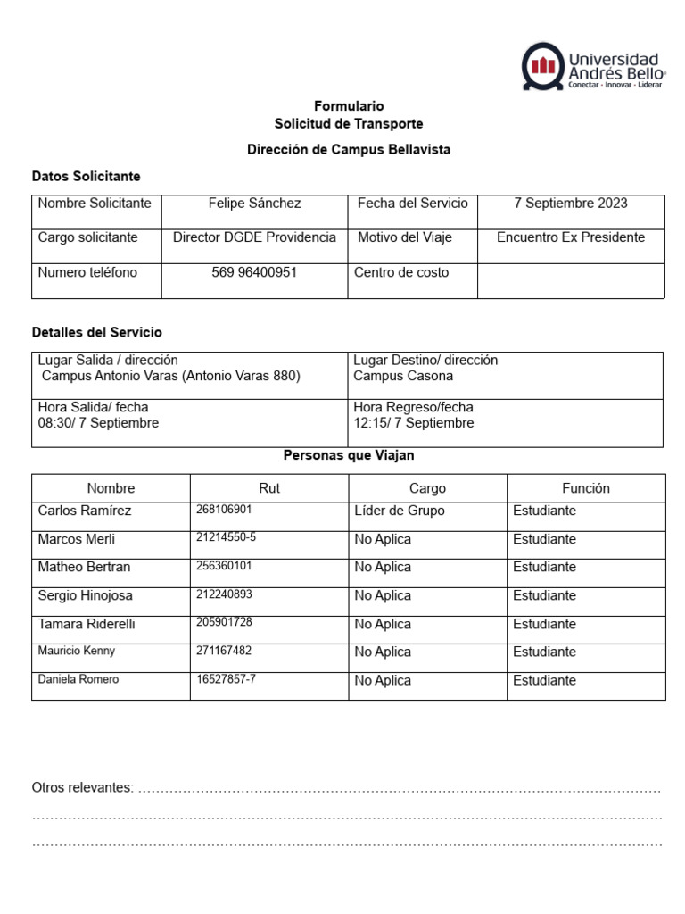 Formulario de Solicitud de Transporte 7 Septiembre | PDF