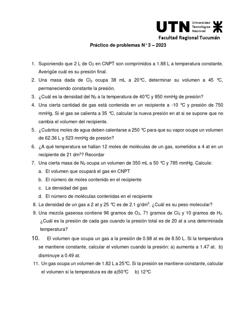 Práctico de Problemas 3 - Gases | PDF | Gases | Mole (Unidad)