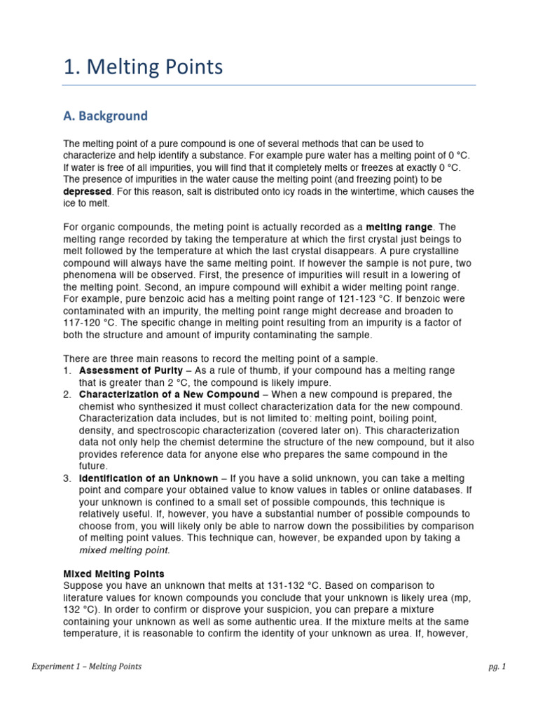 Exp 1 - Melting Points - F17 | PDF | Melting Point | Chemical Substances