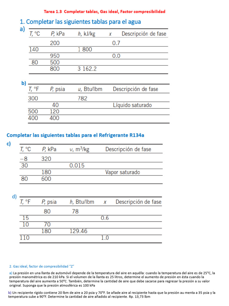 Tarea 1_3 Completar Tablas Gas Ideal Factor Z | PDF