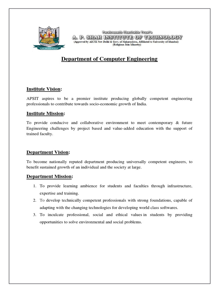 Computer Engineering Department Mission & Vision | PDF