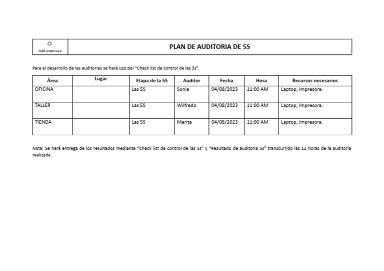 5S Plan de Auditoria de 5s | PDF