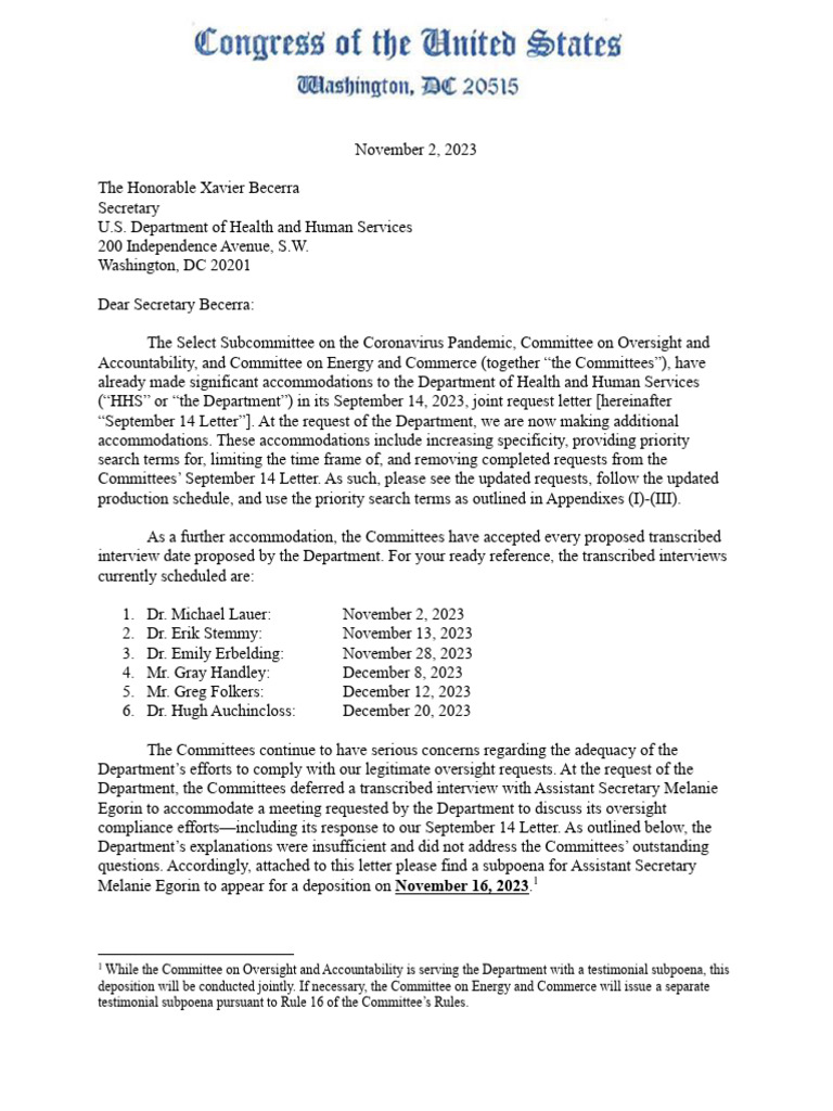2023.11.2 SSCP Ec Letter To Hhs Re. Me | PDF | Congressional Oversight ...