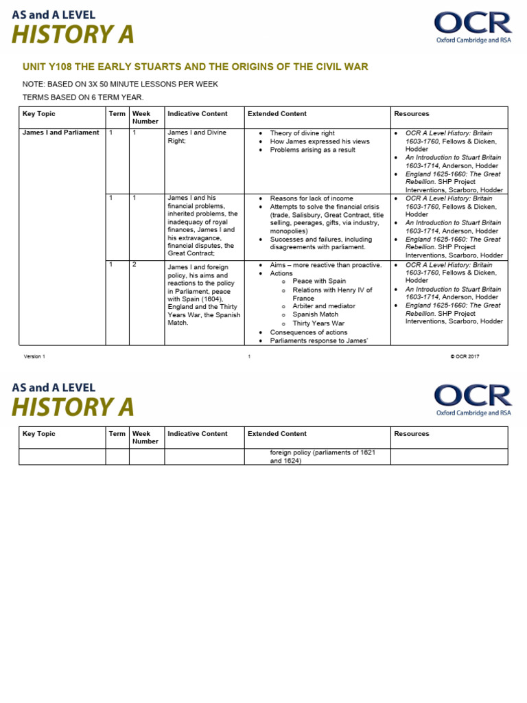 Unit Y108 The Early Stuarts and The Origins of The Civil War Scheme of ...