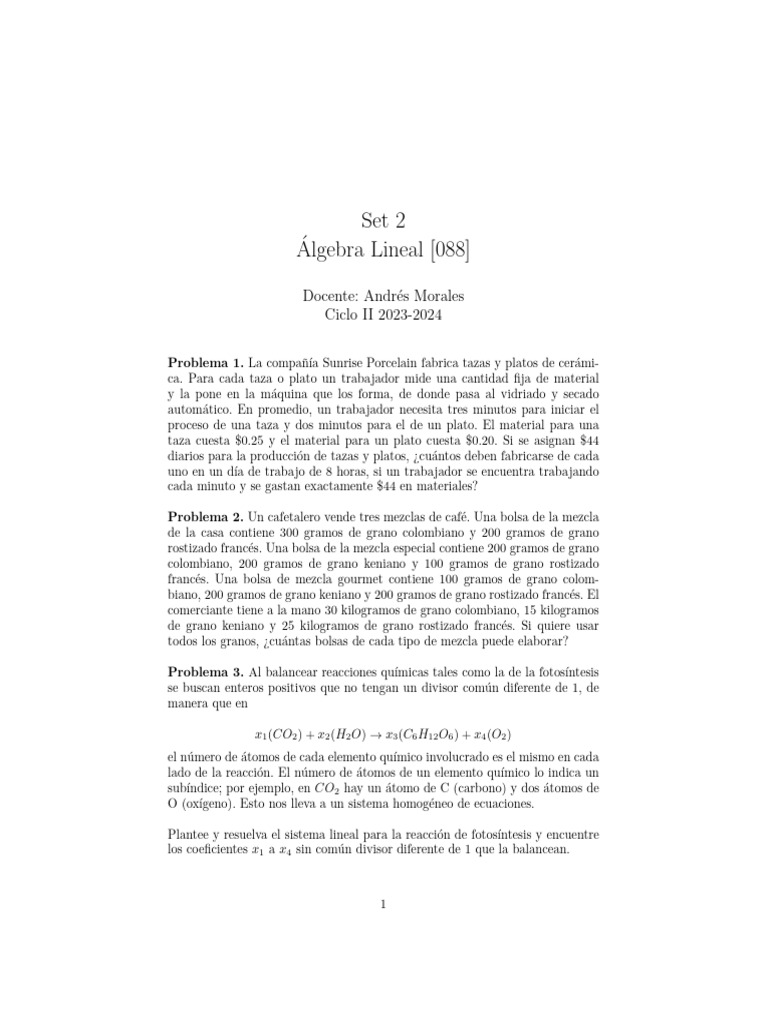 Set 2 Algebra Lineal Aplicaciones | PDF | Estequiometría