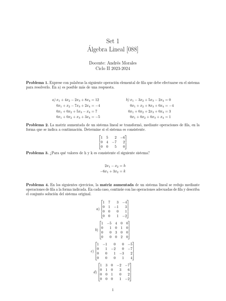 Set 1 ALGEBRA LINEAL GAUSS | PDF | Objetos matemáticos | Álgebra lineal